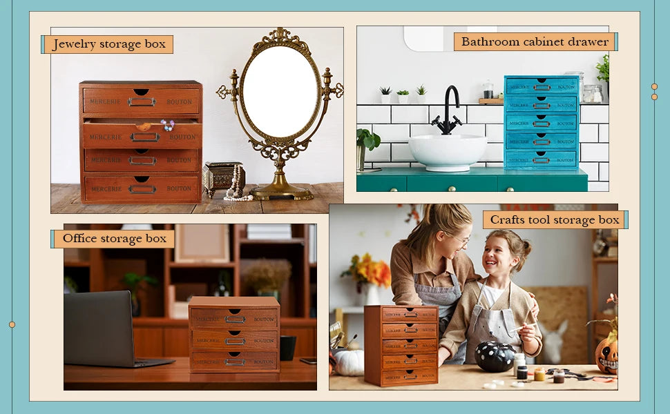 Vintage Wooden 5-Drawer Desktop Organizer with Iron Label Holders For ...