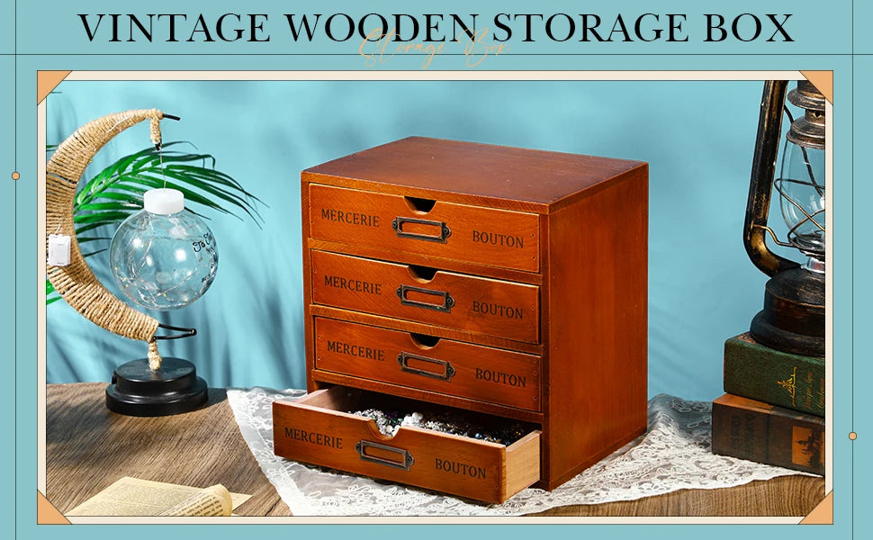 Vintage Wooden 5-Drawer Desktop Organizer with Iron Label Holders For ...